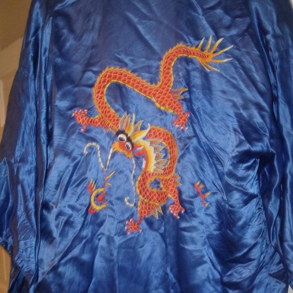 Vintage Ladies Robe Golden Dragon Kimono Robe Blue Si… - Gem